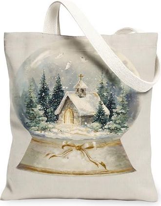 Generic Sacs fourre-tout en toile avec motif boule &agrave; neige artistique, r&eacute;utilisables, vintage, l&eacute;gers, lavables, beige, 13x15 Inch