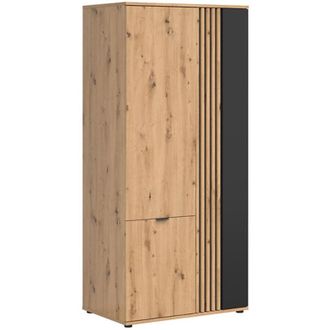 PEGANE Armoire meuble de rangement &agrave; 3 portes avec d&eacute;cor lamelles,coloris Ch&ecirc;ne artisan/Noir - Longueur 90,5 x Profondeur 56 x Hauteur 195,5 cm