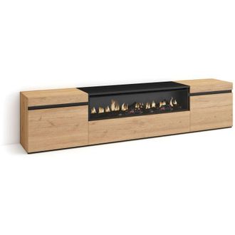 Skraut Home Skraut Home - Meuble tv, Banc T&eacute;l&eacute;, Grand espace de Rangement, 200x45x35cm, Pour les tv jusqu&agrave; 80, Chemin&eacute;e &eacute;lectrique, Style moderne, Ch&ecirc;ne et noir