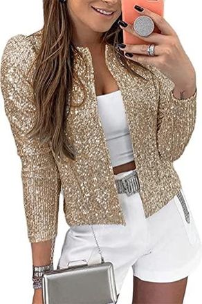 Minetom Blazer à Paillettes Femmes Chic Sequin Veste Casual Elegant Manches Longues Glitter Party Brillant Manteau Rave Blazer Veste De Costume A Or XL