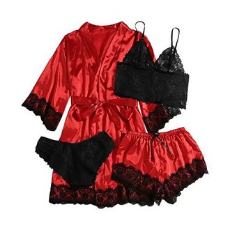 Generic Ensemble de pyjama 4 pi&egrave;ces en satin pour femme - Ensemble de pyjama en satin 4 pi&egrave;ces - Robe de nuit confortable et soyeuse en dentelle de soie Cami 