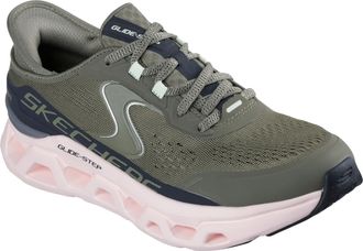 Skechers Damen Glide-Step Altus Sneaker, Olive Synthetic/Mesh/Pink Trim, 37.5 EU