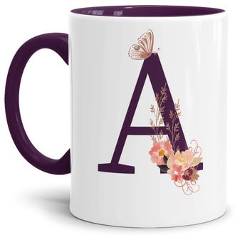 Tassendruck Buchstaben-Tasse mit Blumen - Buchstabe A - Innen & Henkel Violett - Mug/Cup/Becher/Edel/Geschenk-Idee/Beste Qualit&auml;t - 25 Jahre Erfahrung