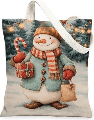 Generic Sacs fourre-tout vintage en toile motif bonhomme de neige, charmant motif vacances dhiver, sacs d&eacute;picerie r&eacute;utilisables, l&eacute;gers et lavables en toile p