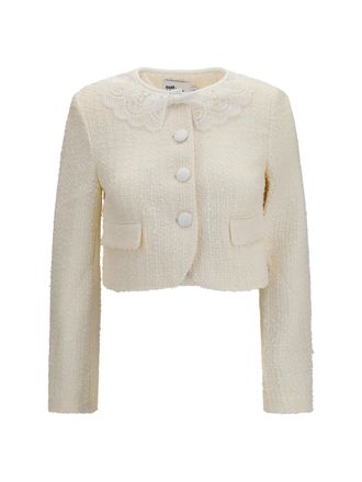 Self Portrait Womens Boucl&eacute; Jacket Cream Lace Collar Polyester