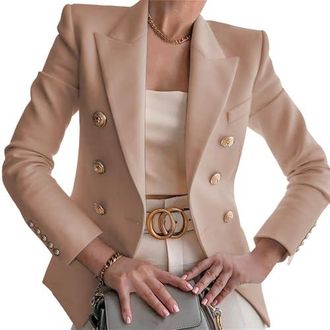 Generic Blazer d&eacute;contract&eacute; pour Femme, Manches Longues, Boutons dor&eacute;s, Coupe cintr&eacute;e, col crois&eacute;, Style Vintage, Kaki, Taille M