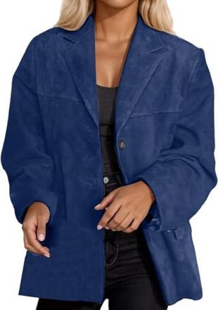 Generic Veste en daim synthétique à manches longues boutonnée pour femme, bleu, L
