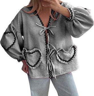 Generic Chemise à carreaux à manches longues pour femme, style décontracté, tendance, col en V, chemisier à carreaux, haut baggy, haut décontracté, chemise mo