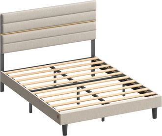 Vasagle Vasagle - Lit Double, Cadre de Lit, Convient pour un Matelas de 140 x 190 cm, T&ecirc;te de Lit Rembourr&eacute;e Ajustable, en M&eacute;tal, Bois Massif, Moderne, Beige