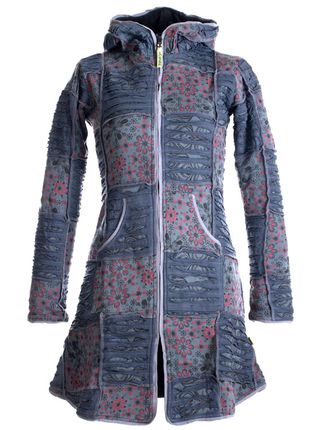 vishes Alternative Bekleidung - warmer Elfen Patchworkmantel aus Baumwolle mit Fleecefutter und Kapuze grau 42