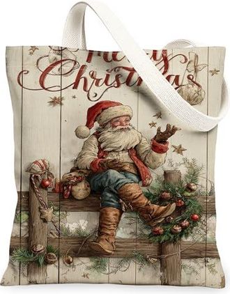 Generic Sacs fourre-tout en toile motif P&egrave;re No&euml;l - R&eacute;utilisables - L&eacute;gers et lavables - Avec bandouli&egrave;re, Rouge, 13x15 Inch