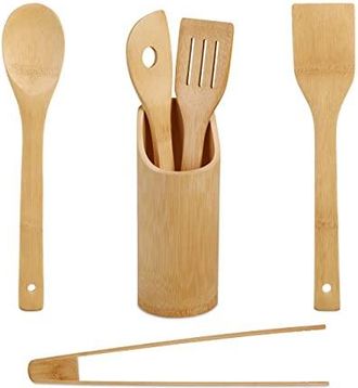 Relaxdays Küchenhelfer 6-TLG. Set, Kochlöffel, Pfannenwender, Grillzange, Küchenutensilien Behälter, Bambus, Natur