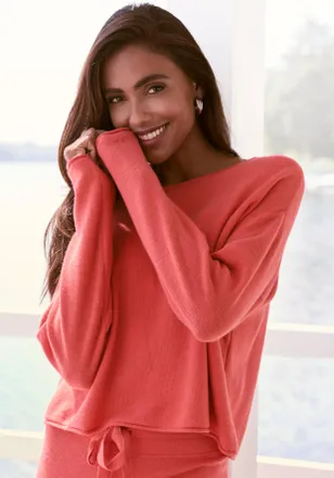 Elbsand Sweater ELBSAND, Damen, Gr. 32/34, rot, Feinstrick, Obermaterial: 55% Baumwolle, 45% Nylon, unifarben, bequem h&uuml;ftlang, Rundhals, Rolls&auml;ume, Sweatshir