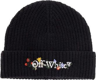 Off-white bonnet côtelé à fleurs brodées - Noir