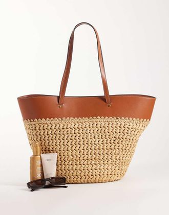 Mango Gro&szlig;e Schultertasche in Beige mit Webstruktur-Neutral