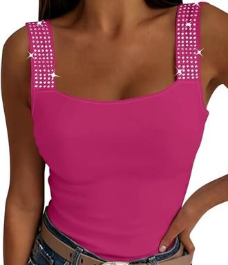 Generic D&eacute;bardeur pour femme - En coton - D&eacute;contract&eacute; - &Eacute;l&eacute;gant - Avec strass - A&eacute;r&eacute; - Camisole - Sans manches - &Eacute;lastique - Sans manches - Y2K - L&eacute;ger - Coup