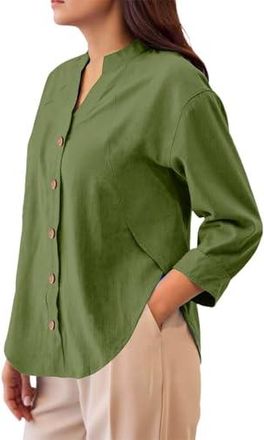 Generic Chemises &agrave; manches 3/4 pour femme - Hauts en coton - Grande taille - D&eacute;contract&eacute; - En coton et lin - Tendance - L&eacute;ger - Confortable - Manches longues 