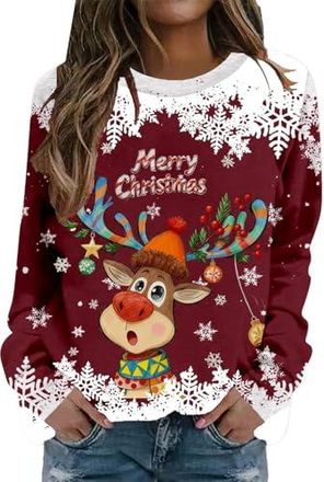 Generic Pull de No&euml;l pour femme - Imprim&eacute; renne mignon - Sweat-shirt de No&euml;l pour femme - Col rond - Haut de No&euml;l d&eacute;contract&eacute; &agrave; manches longues - Grande taill