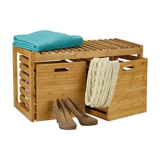 Relaxdays Sitzbank mit Stauraum, Bambus, 2 Aufbewahrungsboxen, Bank f&uuml;r Flur, Bad, Garderobe, HBT 44,5x80x40 cm, Natur