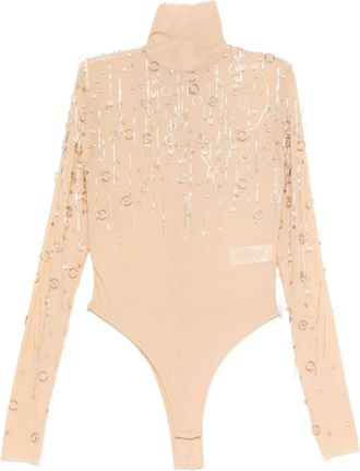 Patrizia Pepe Femme, Tops, Beige, Taille: 38 FR Body &agrave; Col Montant Orn&eacute; de Perles