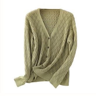 Generic Cardigan de printemps 100 % coton style cor&eacute;en &eacute;pais col en V &agrave; manches longues pour femme, vert militaire, Taille L