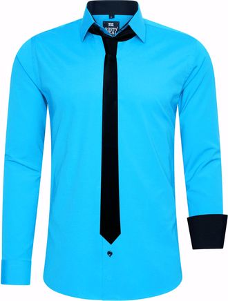 Rusty Neal Herren-Hemd Premium Slim Fit Langarm Stretch Kontrast Hemd mit Krawatte Business-Hemden Outfit Freizeithemd Set 44_99, Gr&ouml;&szlig;e:6XL, Farbe:T&uuml;rkis