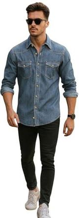 True Face Chemise en jean pour homme 100% coton &agrave; manches longues avec plusieurs poches, col boutonn&eacute; et effet lav&eacute;, Noir d&eacute;lav&eacute;, XXL