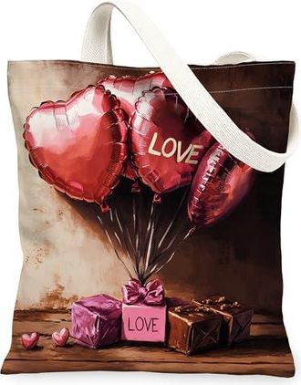 Generic Sacs fourre-tout en toile r&eacute;utilisables pour la Saint-Valentin, motif coeur, ballon, mignon, cadeau damour, sacs d&eacute;picerie, l&eacute;gers et lavables en toil