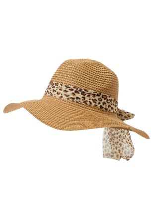 Laura Scott Sonnenhut LAURA SCOTT, Damen, beige, Web, Viskose, bedruckt, kontrastfarbene Details, festlich, H&uuml;te, mit modischem Leopard Schleifenband