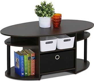 Furinno JAYA Ovaler Couchtisch mit modernem Design mit Einschub, holz, Nussbaum, 50.04 x 50.04 x 16.4 cm, Walnuss/Schwarz