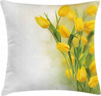 Abakuhaus Gelbe Blume Kissenbezug, Romantische Tulpen, Klöppelkissenhüllen mit Beidseitigen Druck Farbfest Waschbar und Reißverschluß, 40 x 40 cm, Farngrün Senf