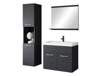 Mirjan24 Badm&ouml;bel Set Montreal mit Waschbecken und Siphon, Badezimmer Komplett, im Set Spiegel, Waschtisch, Hochschrank, H&auml;ngeschrank M&ouml;bel f&uuml;r Bad (Schwarzer 