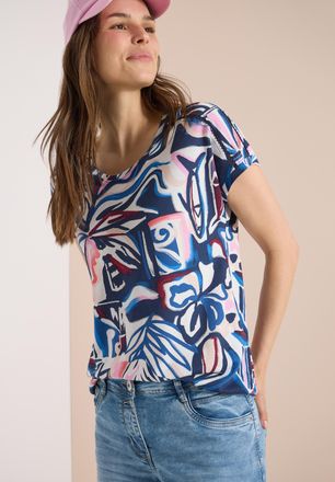 Cecil V-Shirt CECIL, Damen, Gr. XXL (46), universal blau, Stoff, 50% Modal, 50% Baumwolle, gemustert, comfort fit normal, V-Ausschnitt, normaler Saum, Shirt