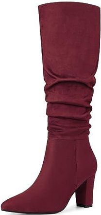 Allegra K Bottes hautes pour femmes à bout pointu et talon épais Bourgogne 38