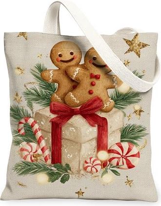 Generic Sacs fourre-tout en toile de pain d&eacute;pice de No&euml;l, motif biscuits de vacances, sacs &agrave; bandouli&egrave;re r&eacute;utilisables, l&eacute;gers et lavables pour voyage, gym, p