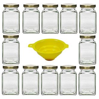 Viva Haushaltswaren 12 x eckiges Marmeladenglas / Gew&uuml;rzglas 260 ml mit goldfarbenem Schraubverschluss, Gl&auml;ser Set mit Deckel als Einmachgl&auml;ser, Vorratsdose etc. verwendb