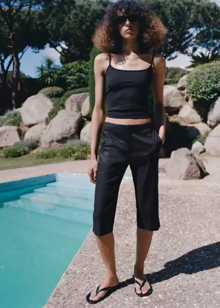 Mango Pantalon capri en lin noir - Femme - 32 - MANGO