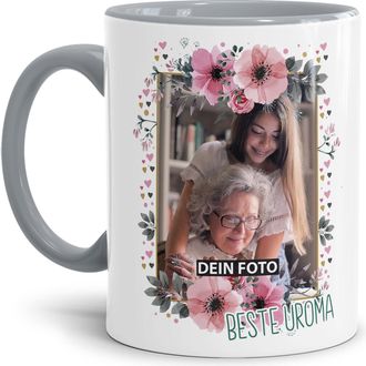 Tassendruck Keramik Tasse - Beste Uroma - mit Foto selbst gestalten - Geschenk für die beste Uroma, Geburtstag, Weihnachten I Personalisiert, Grau, 300 ml