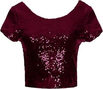 Generic Femmes scintillantes Femmes Tops Paillettes D&eacute;contract&eacute; Col Rond Crop Tops Couleur Unie T-shirts De Danse &agrave; Manches Courtes L&eacute;ger Pour Sortir Des T-sh