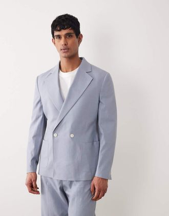 Asos Veste de costume ample &agrave; double boutonnage en lin m&eacute;lang&eacute; - Bleu