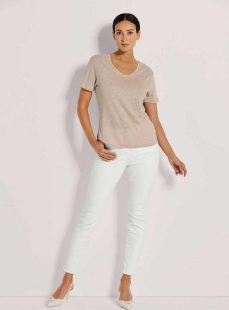 Madeleine Kurzarmshirt Print-Shirt mit Strass aus Leinen V-Ausschnitt und Printmuster als modische Highlights