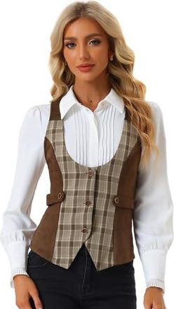 Allegra K Gilet Vintage Pour Femmes Halloween Costume Plaid Button Down Dressy Vests Sans Manches Marron XS