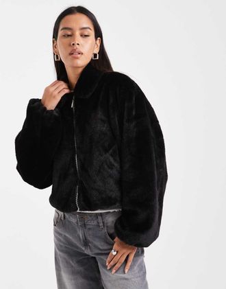 Only Veste zippée en fausse fourrure - Noir