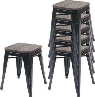 Hhg 6er-Set Hocker 771 inkl. Holz-Sitzfl&auml;che, Metallhocker Sitzhocker, Metall Industriedesign stapelbar schwarz