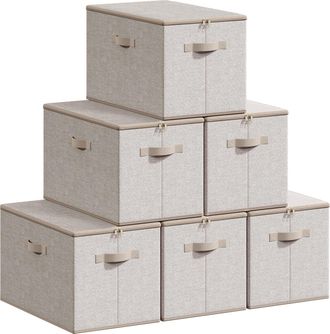 Songmics Aufbewahrungsbox mit Deckel, faltbare Stoffbox mit Griffen, Aufbewahrung f&uuml;r Kleidung, Vliesstoff, 6er Set, 50 x 30 x 30 cm, sandbeige RZB050LZ05