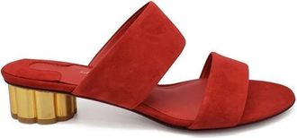 Ferragamo Slipper & Pantoletten - Red Suede Mules With Golden Flower Heel - Gr. 35 (EU) - in Rot - f&uuml;r Damen