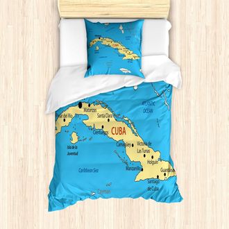 Abakuhaus Fernweh Bettbezug Set, Republik Kuba Moderne, Milbensicher Allergiker geeignet mit Kissenbezügen, 135 cm x 200 cm - 80 x 80 cm, Blau Weiß Gelb