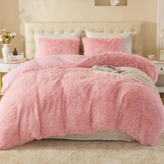 Emme Plüsch Bettwäsche Set 135x200cm Biber Flauschige Bettdecke Set für Bett Shaggy und Plüsch weiche Bettwäsche Bettbezüge und 1 Kissenbezug 80x80cm, Rosa