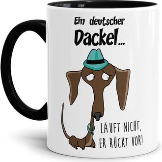 Tassendruck Dackel-Tasse mit Spruch Deutscher Dackel läuft Nicht, er rückt vor! / Hund/Tier/Cup/Mug/Dachshund/Innen & Henkel Schwarz