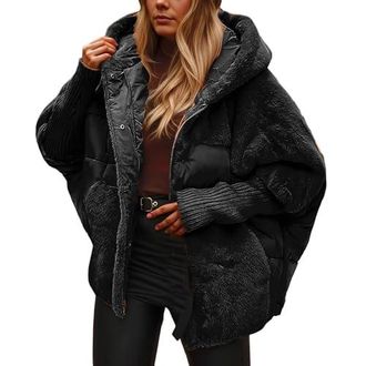 Generic Doudoune surdimensionn&eacute;e pour femme, veste en duvet polaire l&eacute;g&egrave;re &agrave; capuche patchwork manteaux dhiver chauds, Noir, XXL